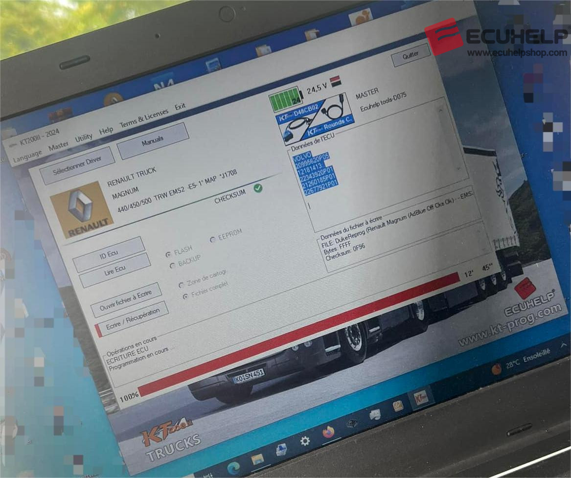 KT200II Read/Write Renault Magnum euro5 TRW EMS2 J1708 via OBD